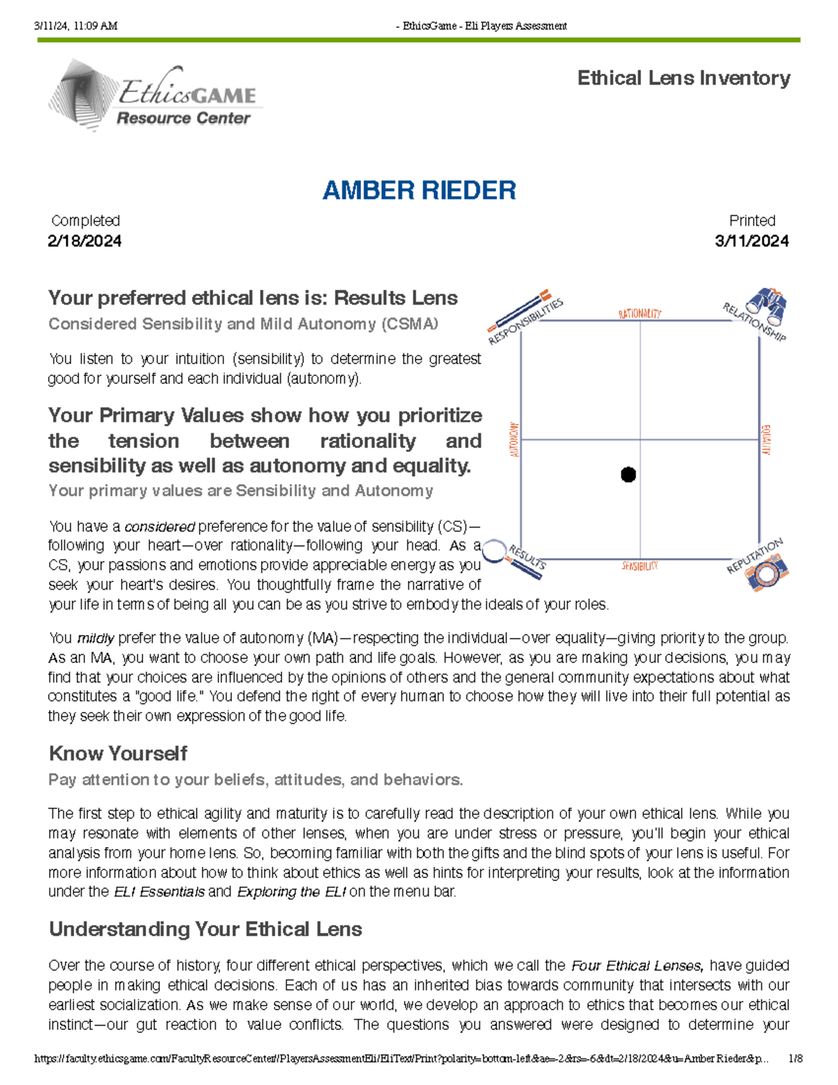 Ethics Game - Results Lens Assessment for Eli Players (ELI) - Studocu