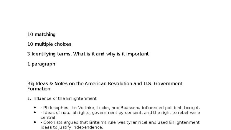 American Revolution: Key Concepts and U.S. Government Formation Notes ...