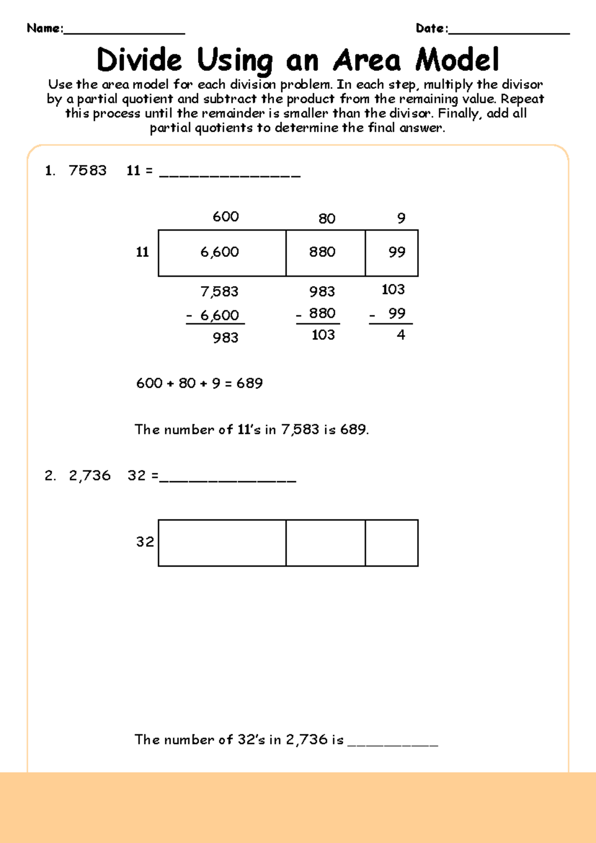 Divide Using an Area Model - 5th Grade Worksheet - Name: Date: Divide ...