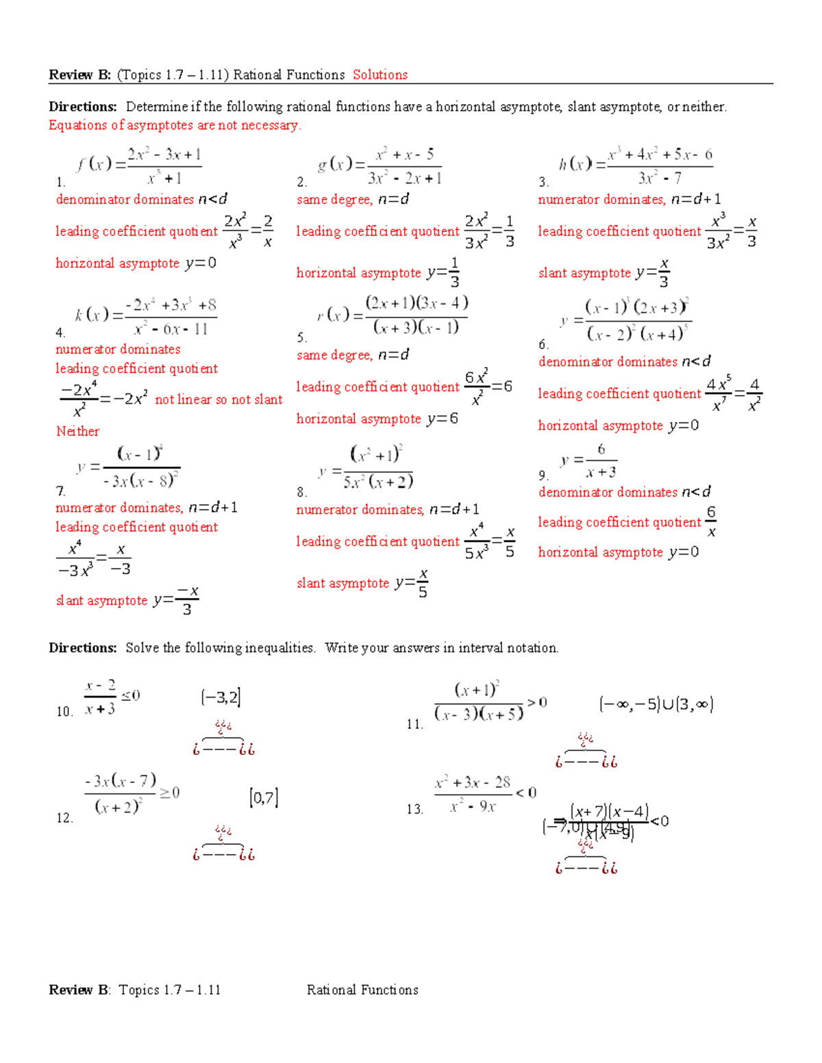 Rational Functions Review B: Asymptotes & Solutions (Topics 1.7-1.11 ...
