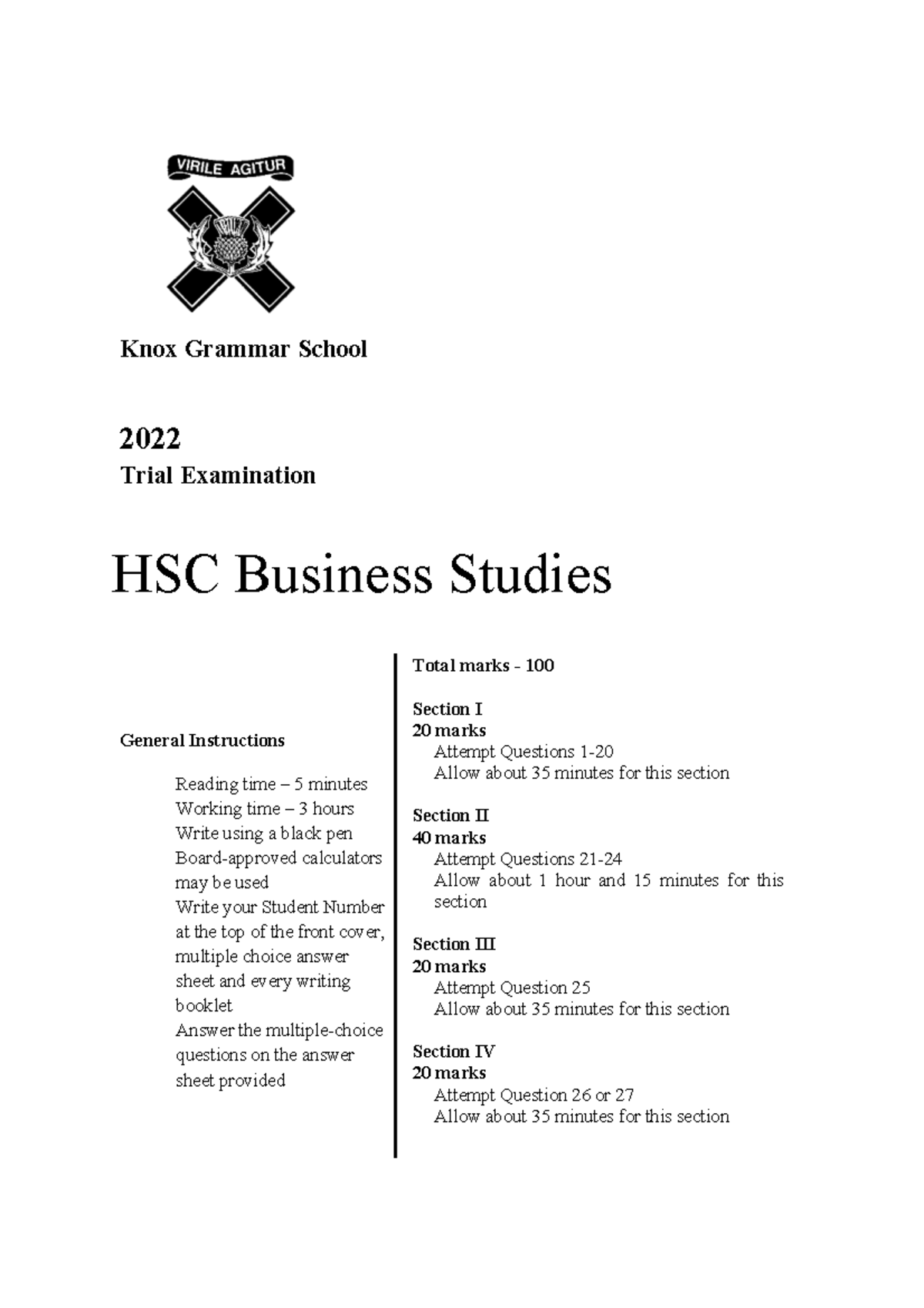 Knox Grammar HSC Business Studies Trial Exam 2022 - Total Marks 100 ...