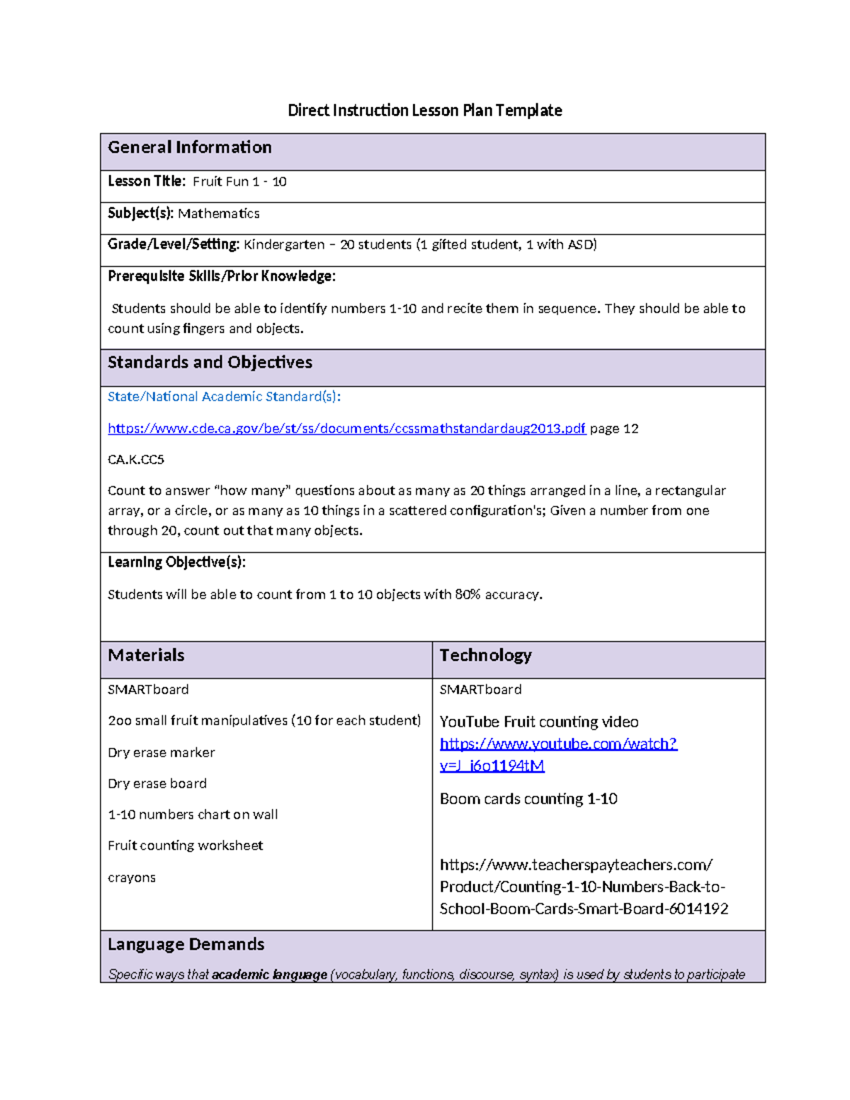 D091 Final Exam: Direct Instruction Lesson Plan for Counting 1-10 - Studocu