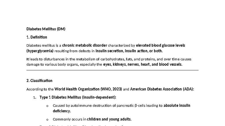 Diabetes Mellitus (DM) - Comprehensive Management Guide - Studocu