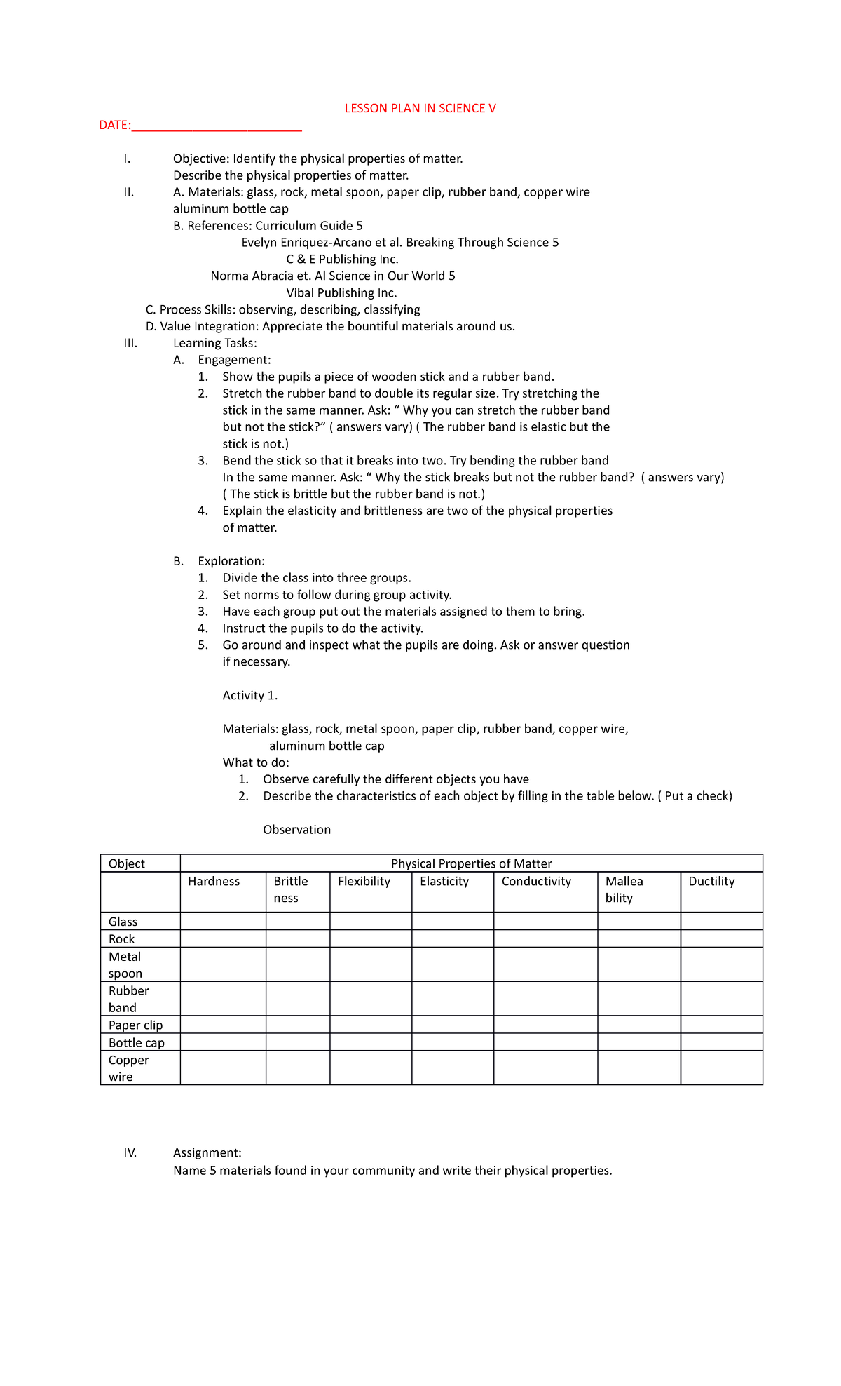 Science V Lesson Plan: Physical and Chemical Properties of Matter - Studocu