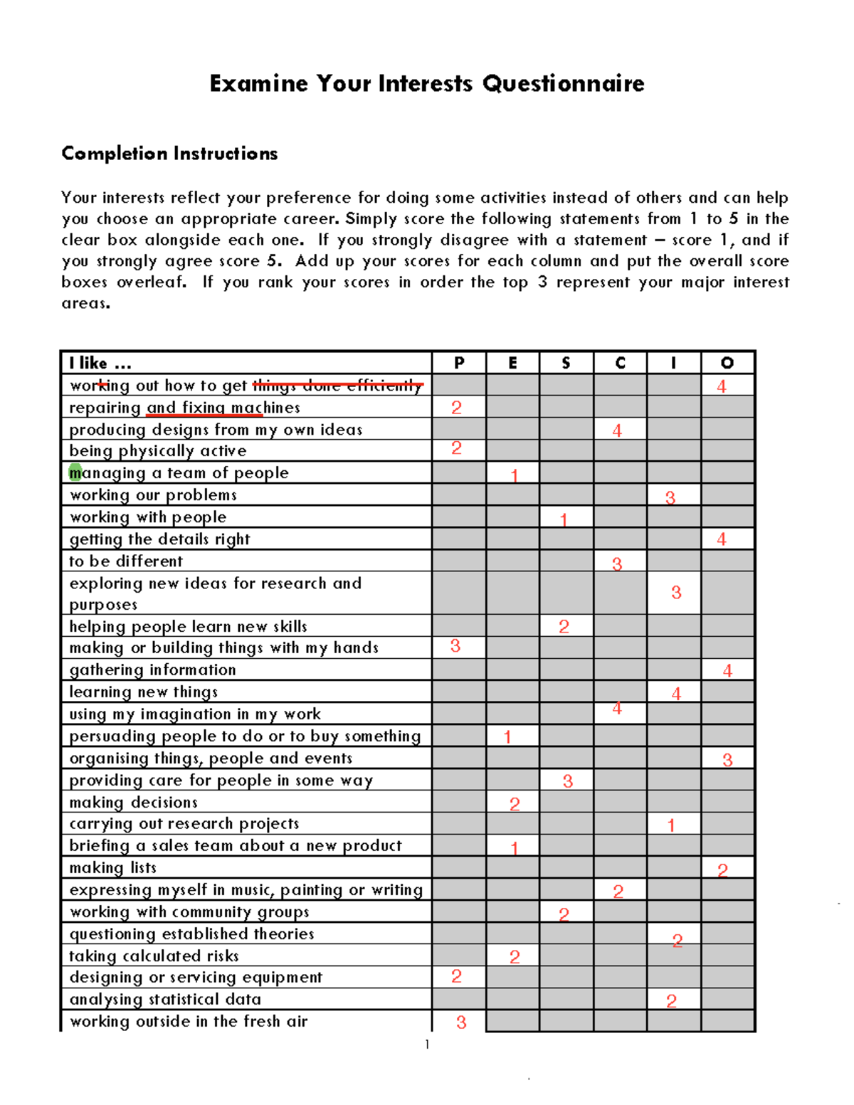 Interests Questionnaire: Assessing Your P E S C I O Preferences - Studocu