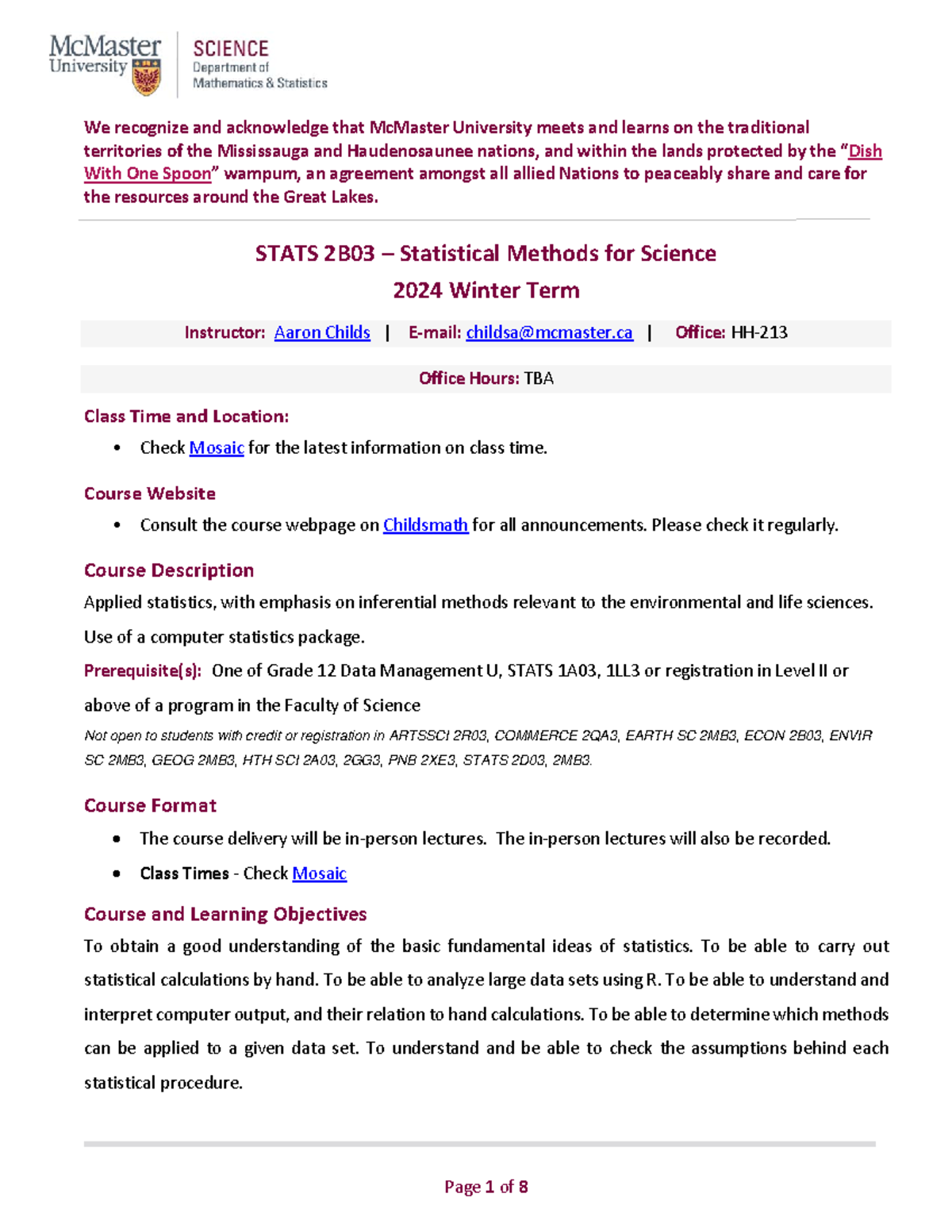 Stats 2B03 Winter 2024 Course Outline and Overview of Statistical ...