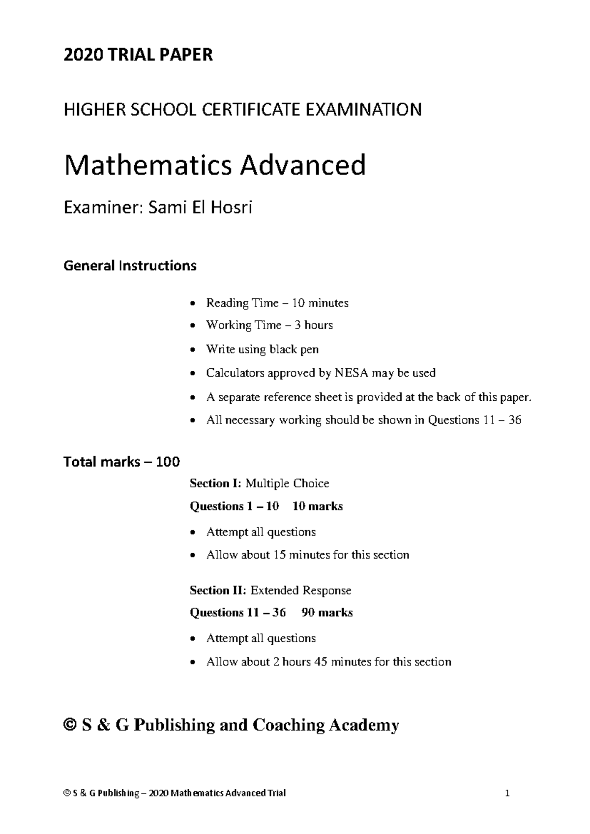 2020 HSC Mathematics Advanced Trial Paper - Exam Questions - Studocu