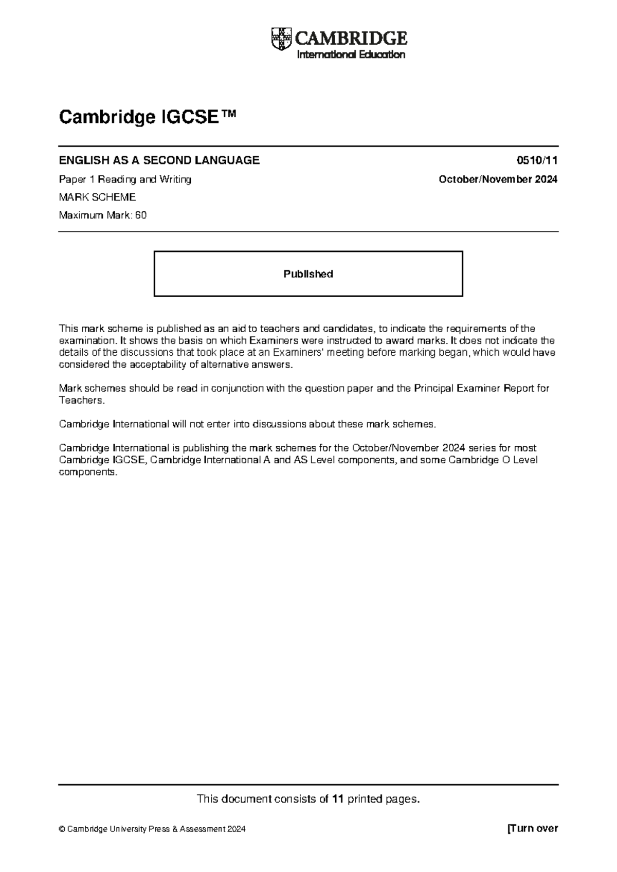 Cambridge IGCSE 0510 W24 Paper 1 Reading & Writing Mark Scheme - Studocu