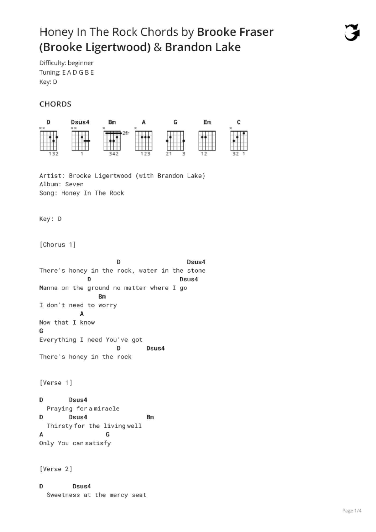 Honey In The Rock Chords - Beginner Level (EADGBE Tuning) - Studocu