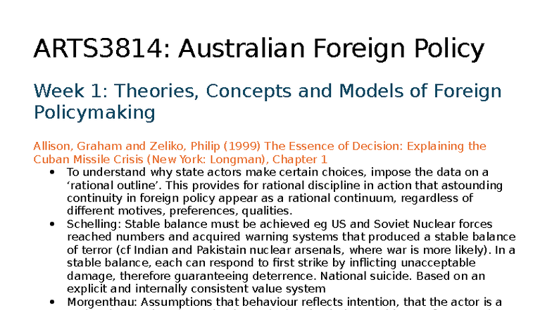 ARTS3814 Class Notes - ARTS3814: Australian Foreign Policy Week 1 ...