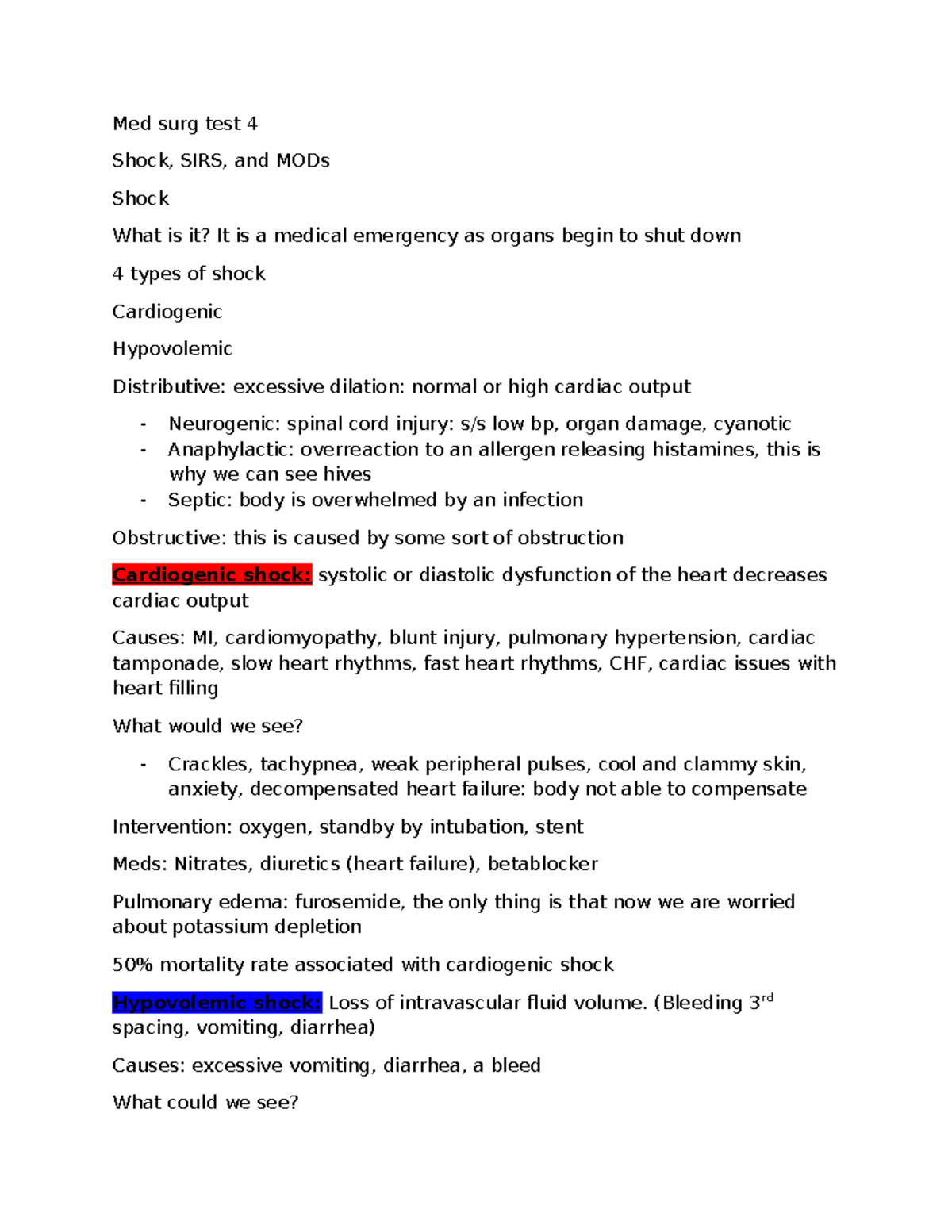 Med Surg Test 4: Understanding Shock, SIRS, and MODS - Med surg test 4 ...