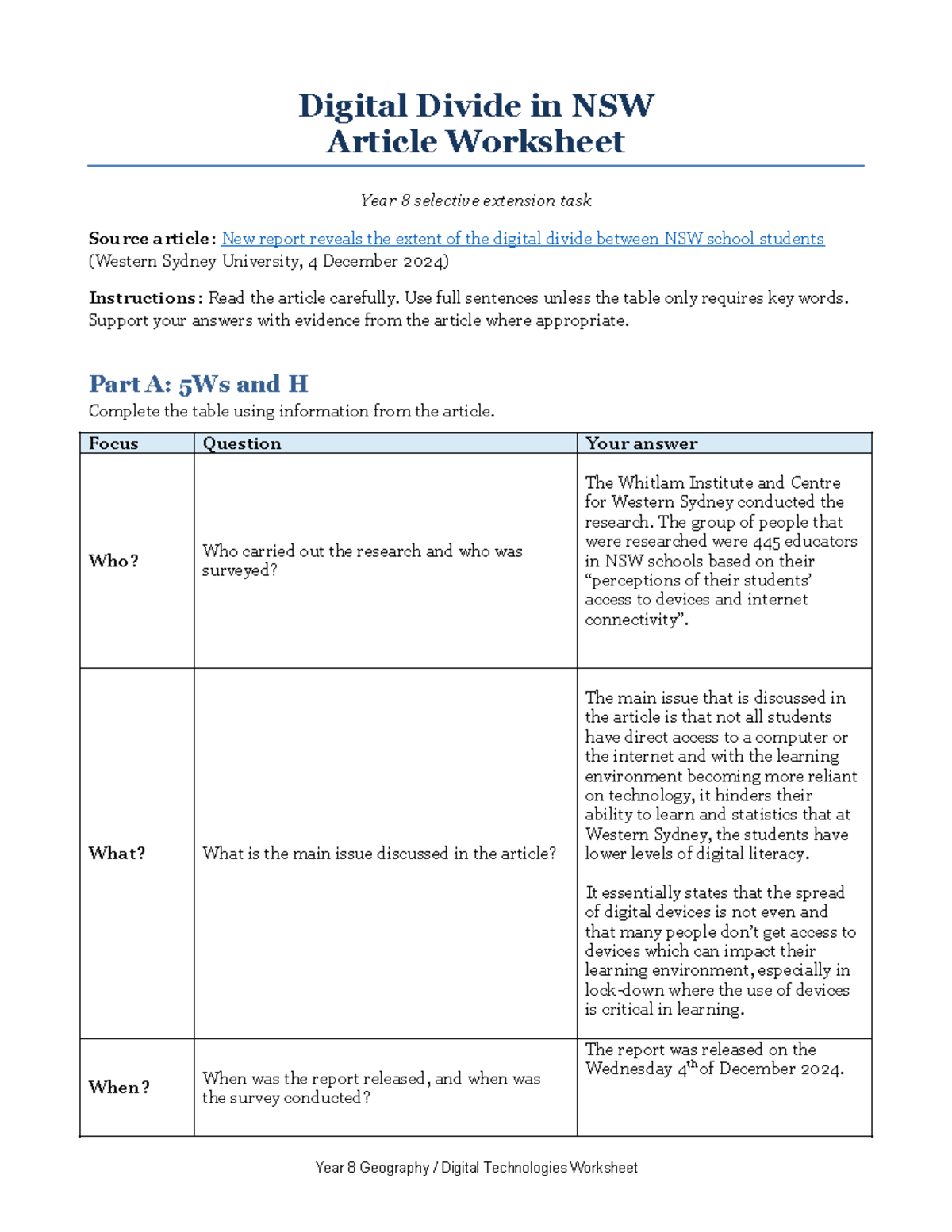 Digital Divide in NSW: Year 8 Geography & Digital Tech Worksheet - Studocu