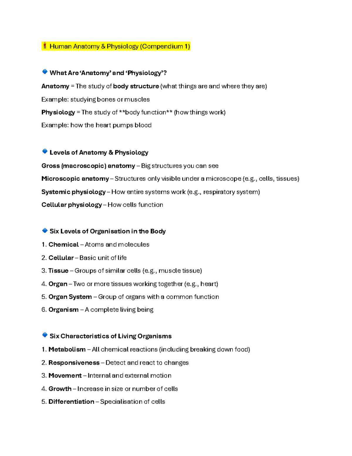 Human Anatomy & Physiology Study Notes (Compendium 1-12) - Studocu