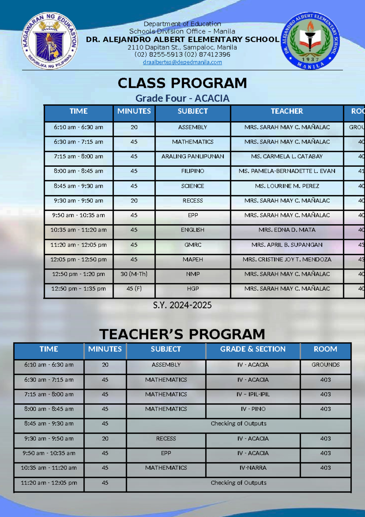 Grade Four Class Program Template SY 2024-2025 - Studocu