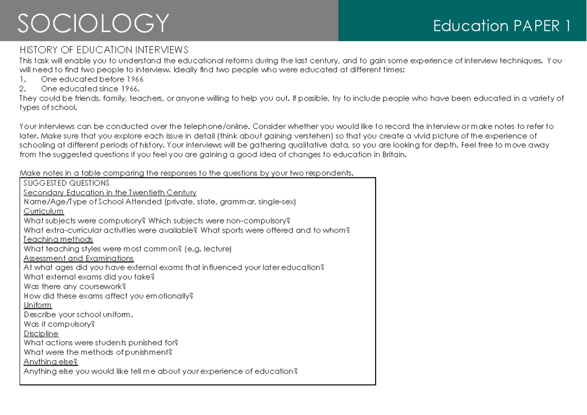 SOCIOLOGY Education Paper 1: History of Education Interviews - Studocu