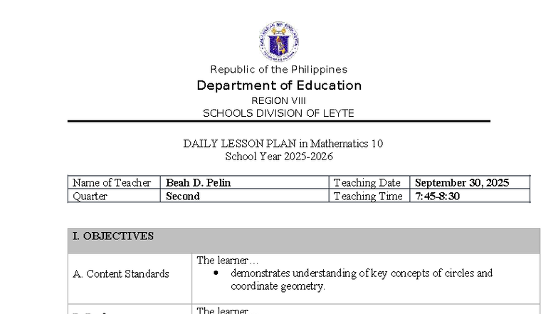 Mathematics 10 Daily Lesson Plan: Distance Formula (Grade 10) - Studocu