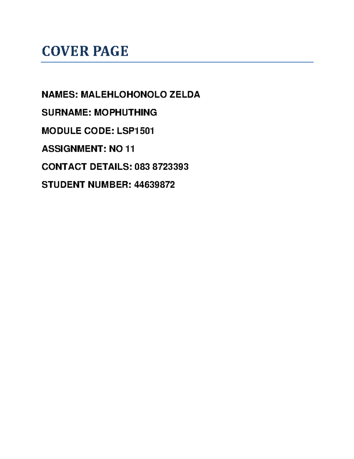 mathematics flt3701 - COVER PAGE NAMES: MALEHLOHONOLO ZELDA SURNAME ...