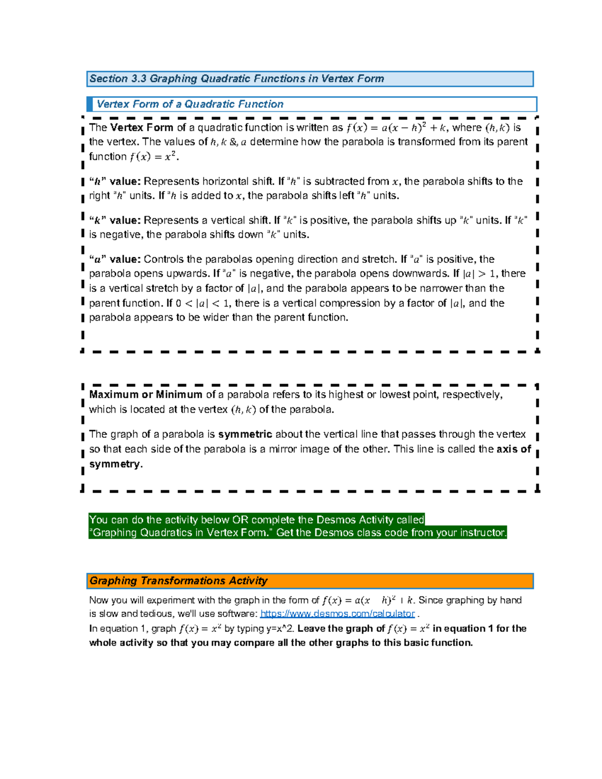 Math 1010 Lecture Notes: Graphing Quadratic Functions in Vertex Form ...