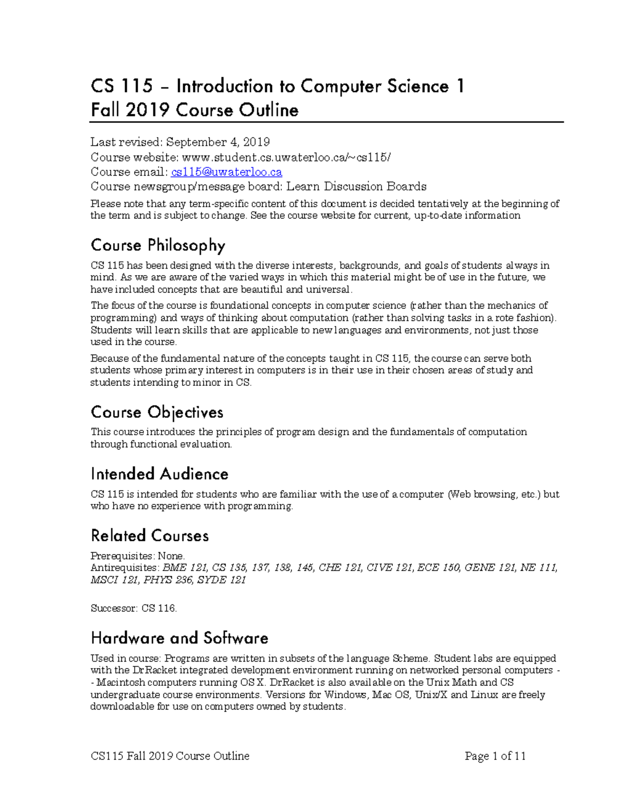 CS 115 Fall 2019 Course Outline and Syllabus Details - Studocu