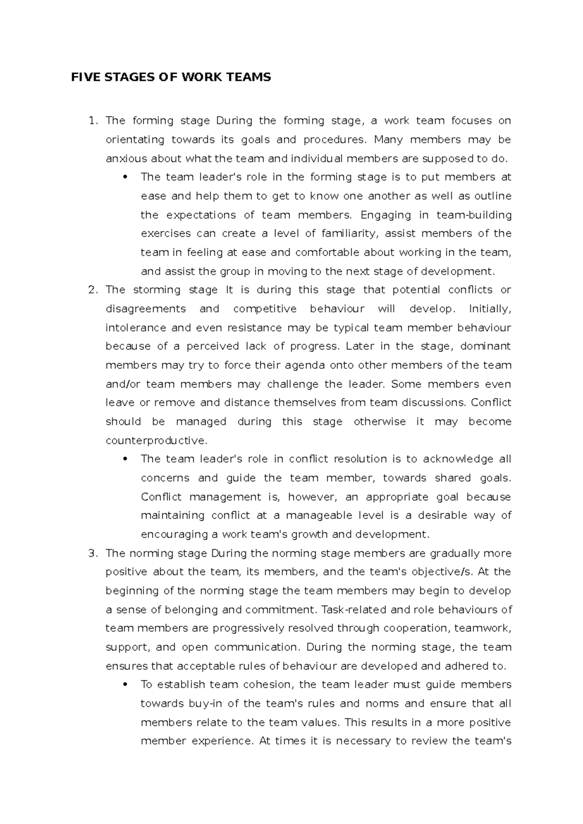 FIVE STAGES OF WORK TEAMS: Forming, Storming, Norming - Studocu