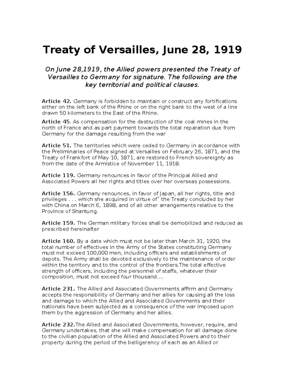 Treaty of Versailles Analysis: Key Clauses and Implications - Studocu