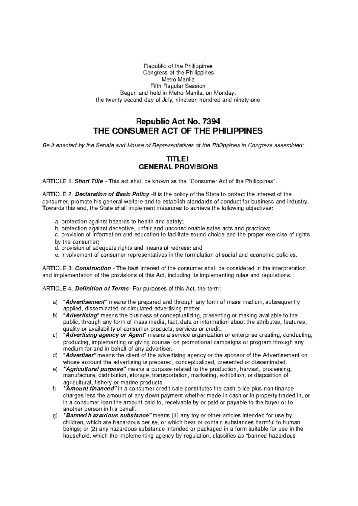 Republic Act No. 7394: The Consumer Act of 1992 Overview - Studocu