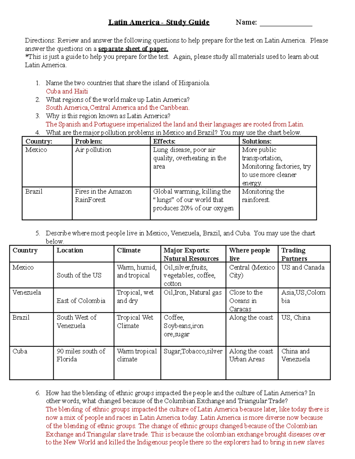 Study Guide on Latin America - Latin America - Study Guide Name ...