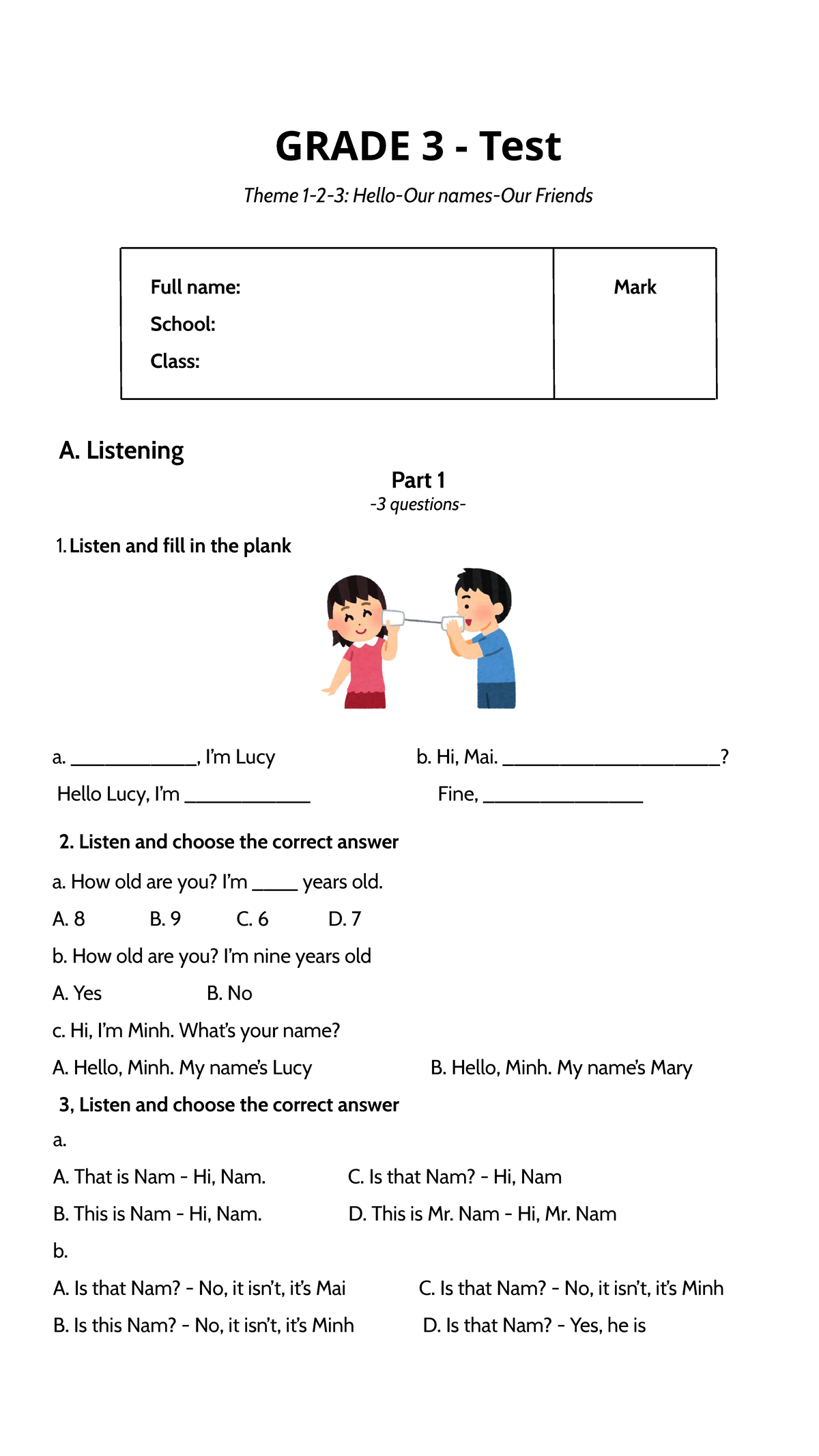 Grade 3 - Listening & Reading Test on Friends Theme - Studocu