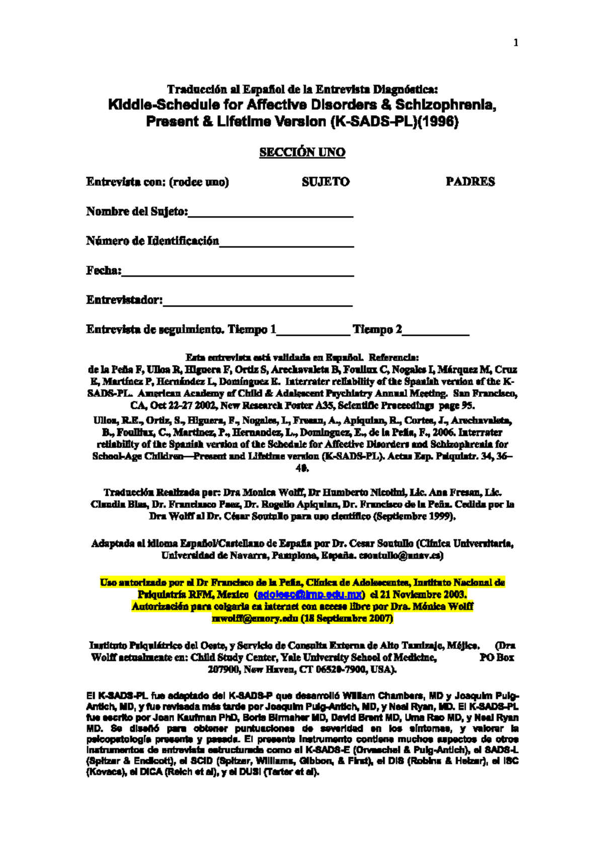 Ksads - 1 Traducción al Español de la Entrevista Diagnóstica: for ...