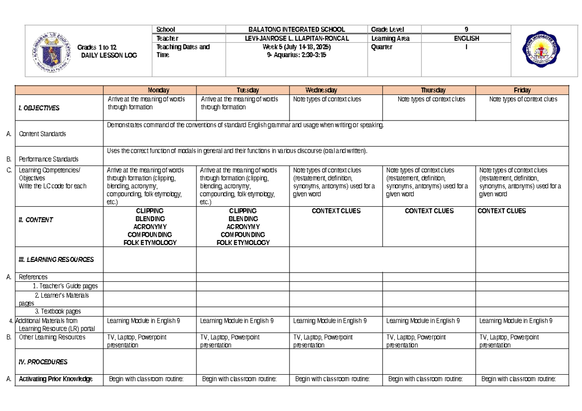 English 9 Daily Lesson Log: Week 5 Objectives & Activities - Studocu