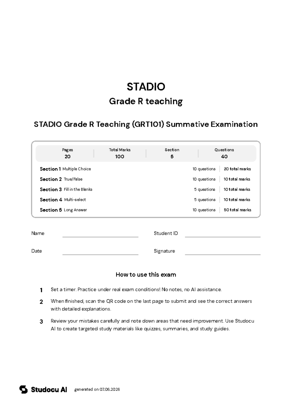 GRT101 Grade R Teaching Summative Exam - Studocu