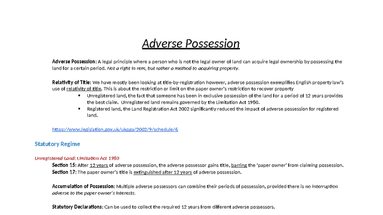 Adverse Possession: Legal Principles and Case Studies (Law 101) - Studocu