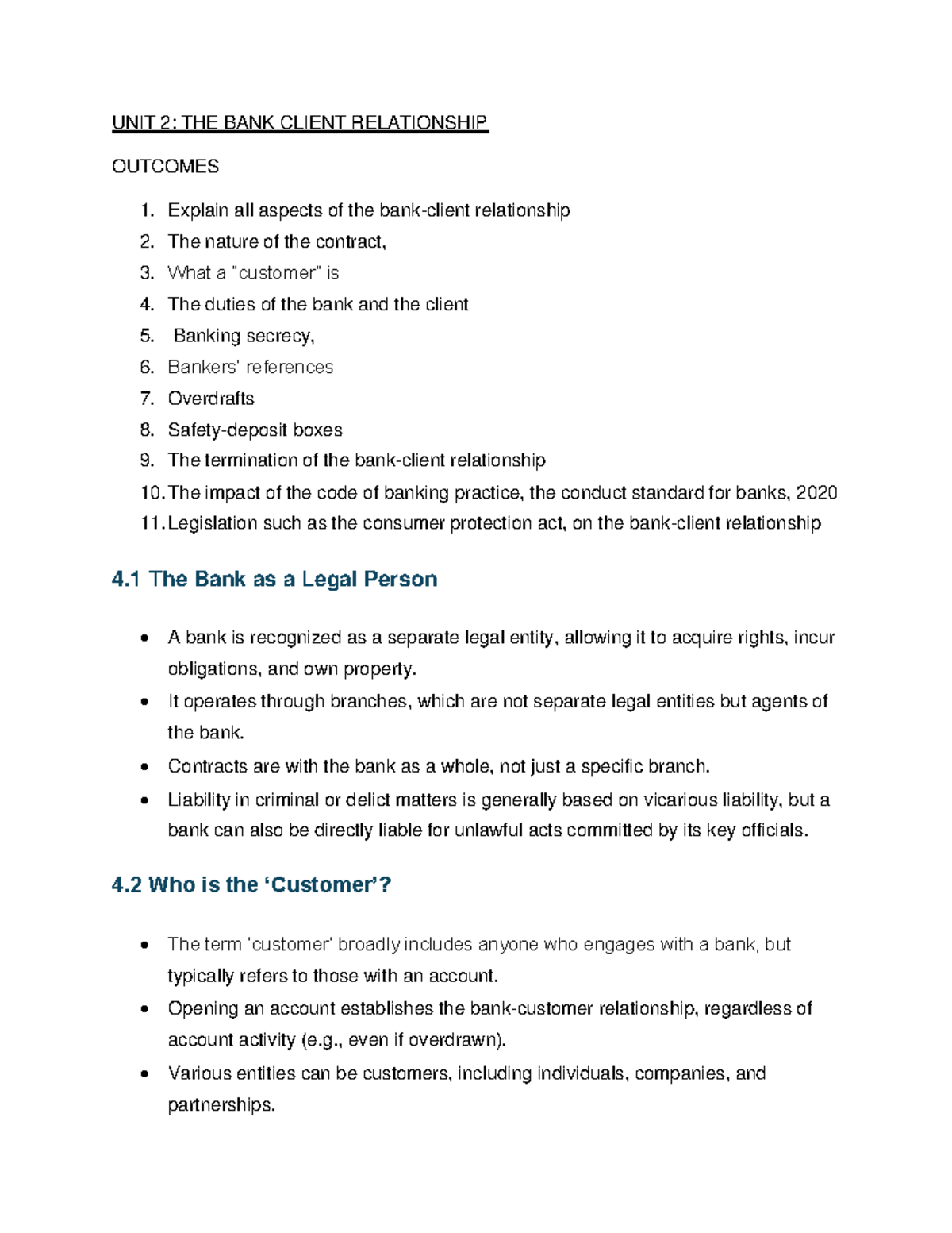 UNIT 2: BANK CLIENT RELATIONSHIP - KEY CONCEPTS AND DUTIES - Studocu