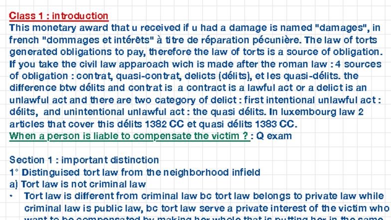 Class 1: Introduction to Tort Law - Course Notes - Studocu