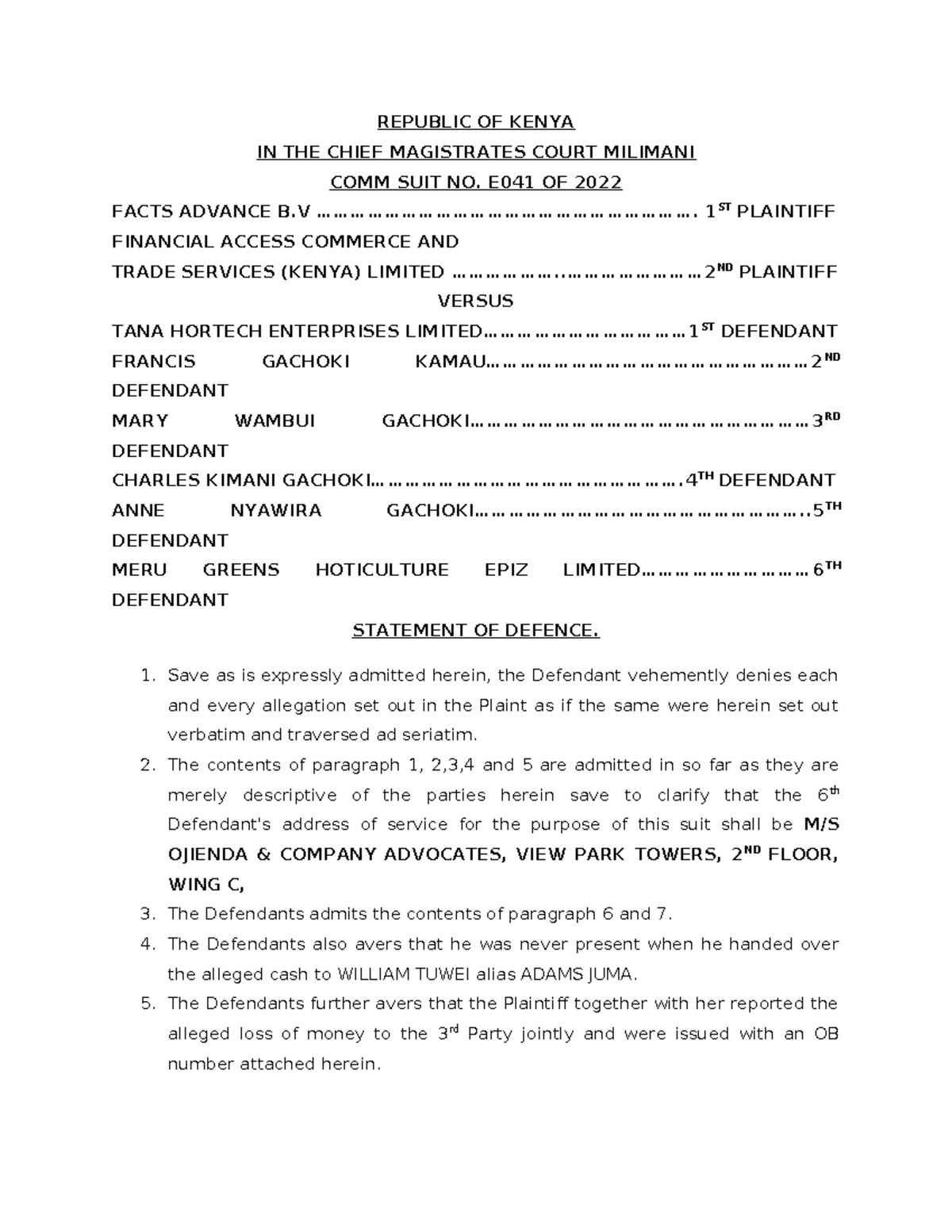 Defence Statement in Suit No. E041 of 2022 - Kenya Court Case - Studocu