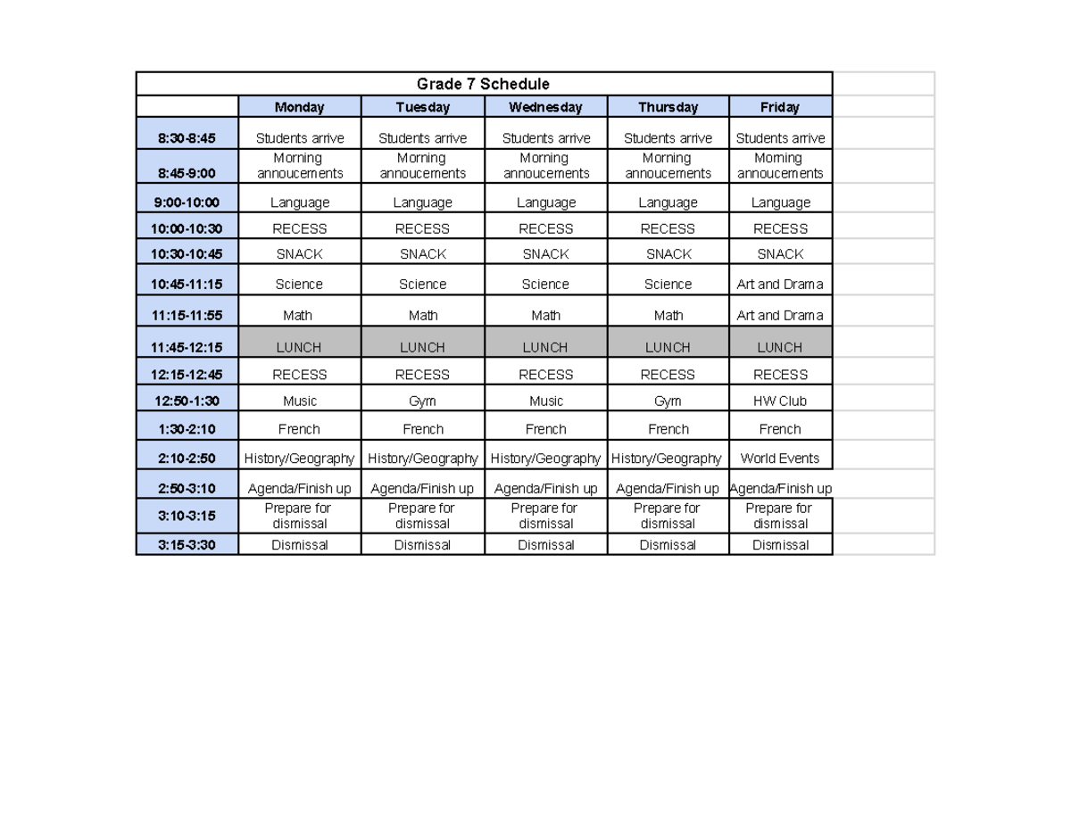Grade 7 Weekly Schedule Overview - Studocu