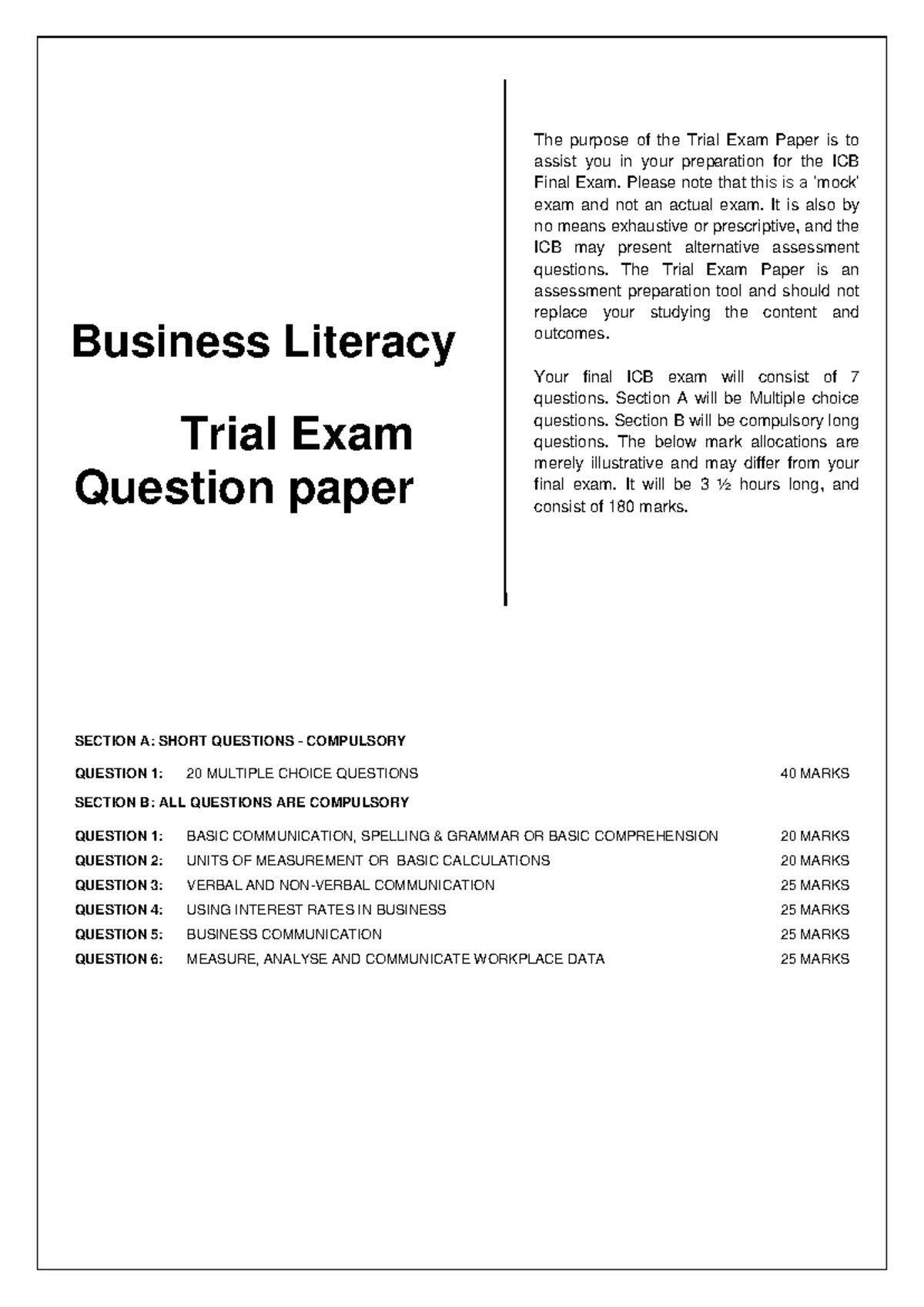 ICB Business Literacy Trial Exam Prep Questions and Guidelines - Studocu
