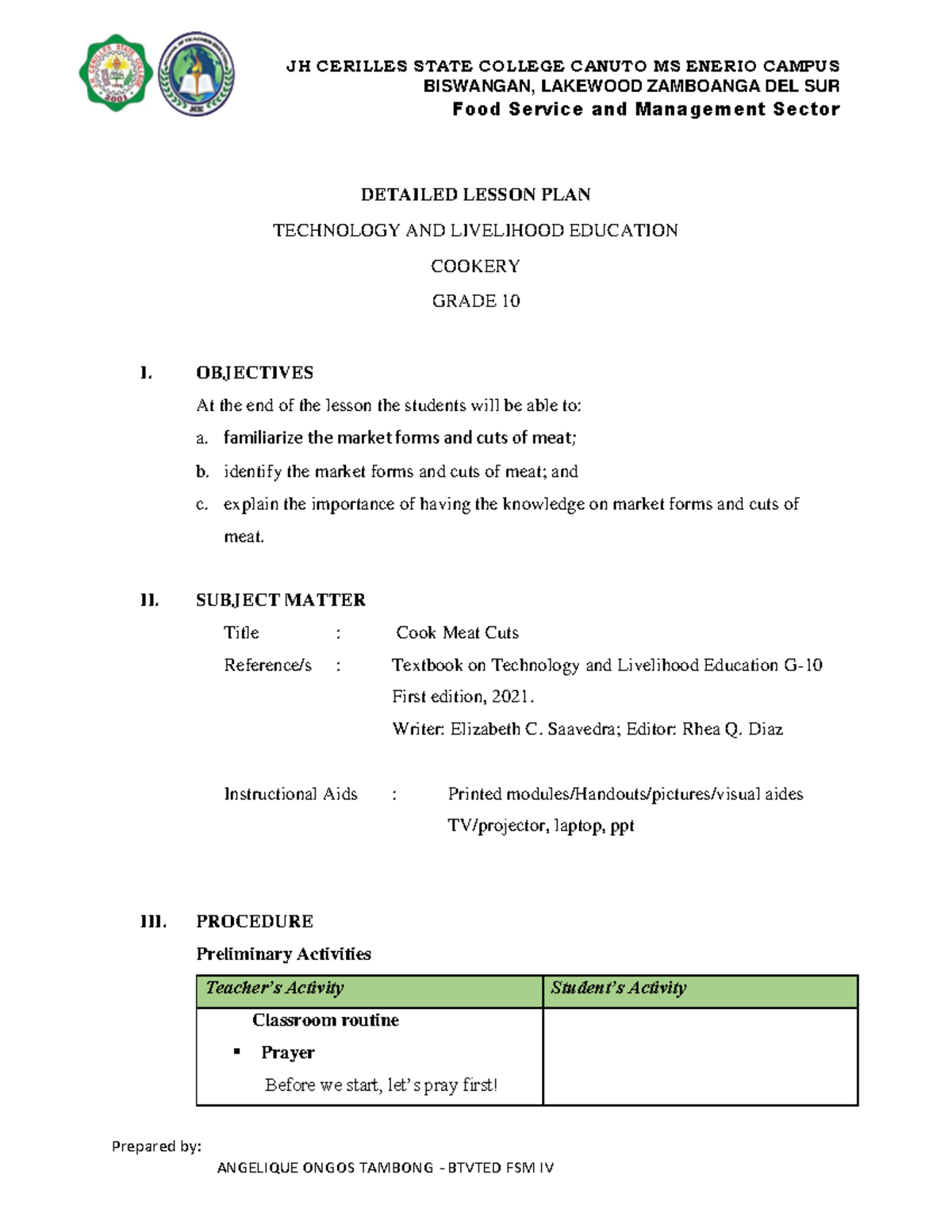 Detailed Lesson Plan on Meat Cuts for Cookery G10 TLE - Studocu