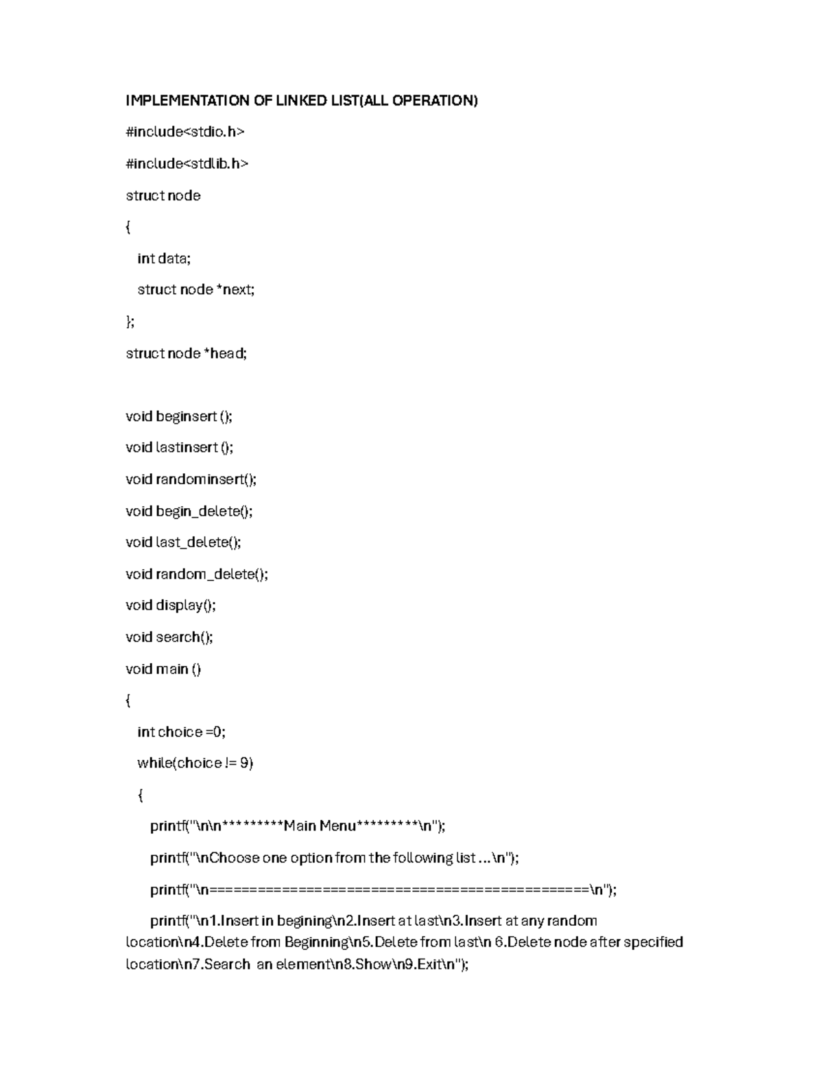 Implementation of Linked List Operations (CS101) - Studocu