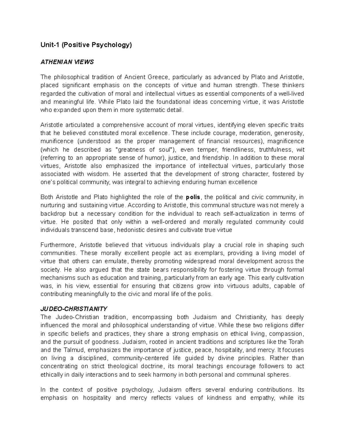 Positive Psychology: Athenian Views on Virtue and Human Strengths - Studocu