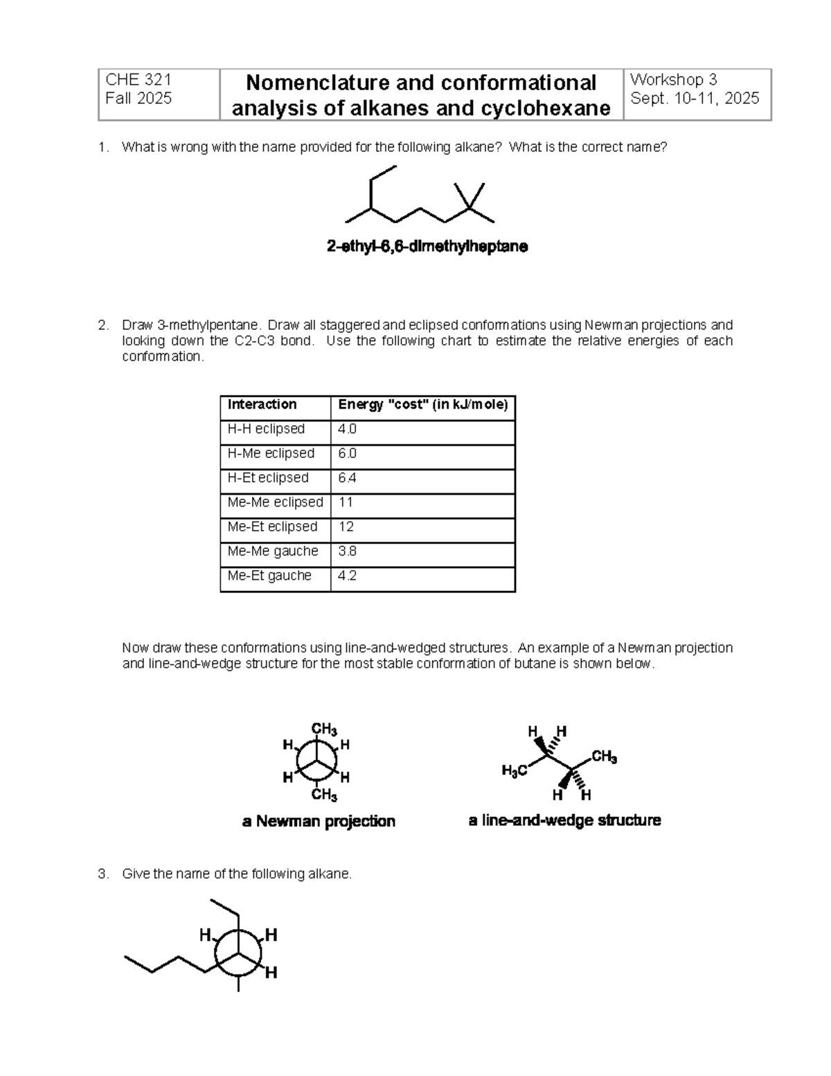 CHE 321 Fall 2025 Workshop 3: Nomenclature & Conformational Analysis ...