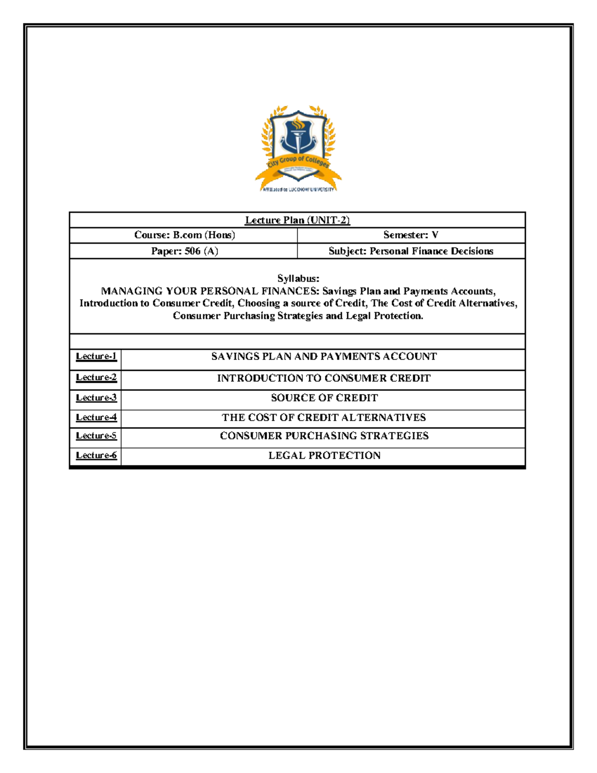 Personal Finance Decisions unit- 2 - Lecture Plan (UNIT-2) Course: B ...