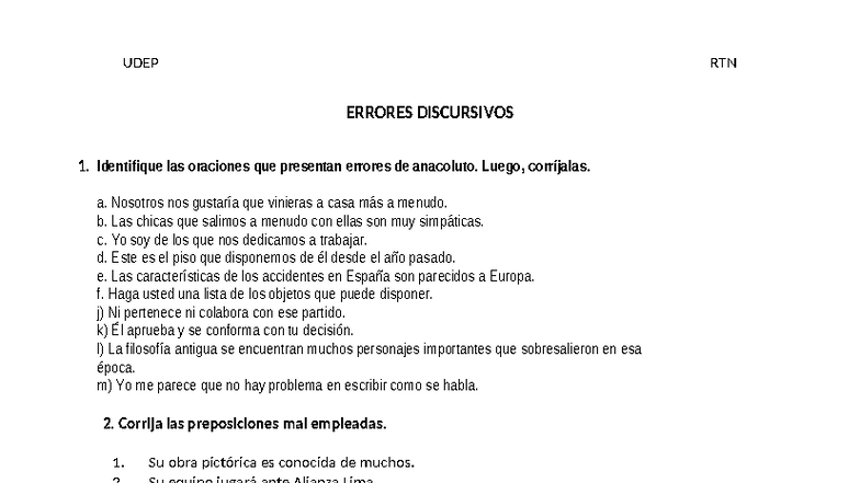 Ejercicios de Anacolutos y Preposiciones - UDEP RTN - Studocu