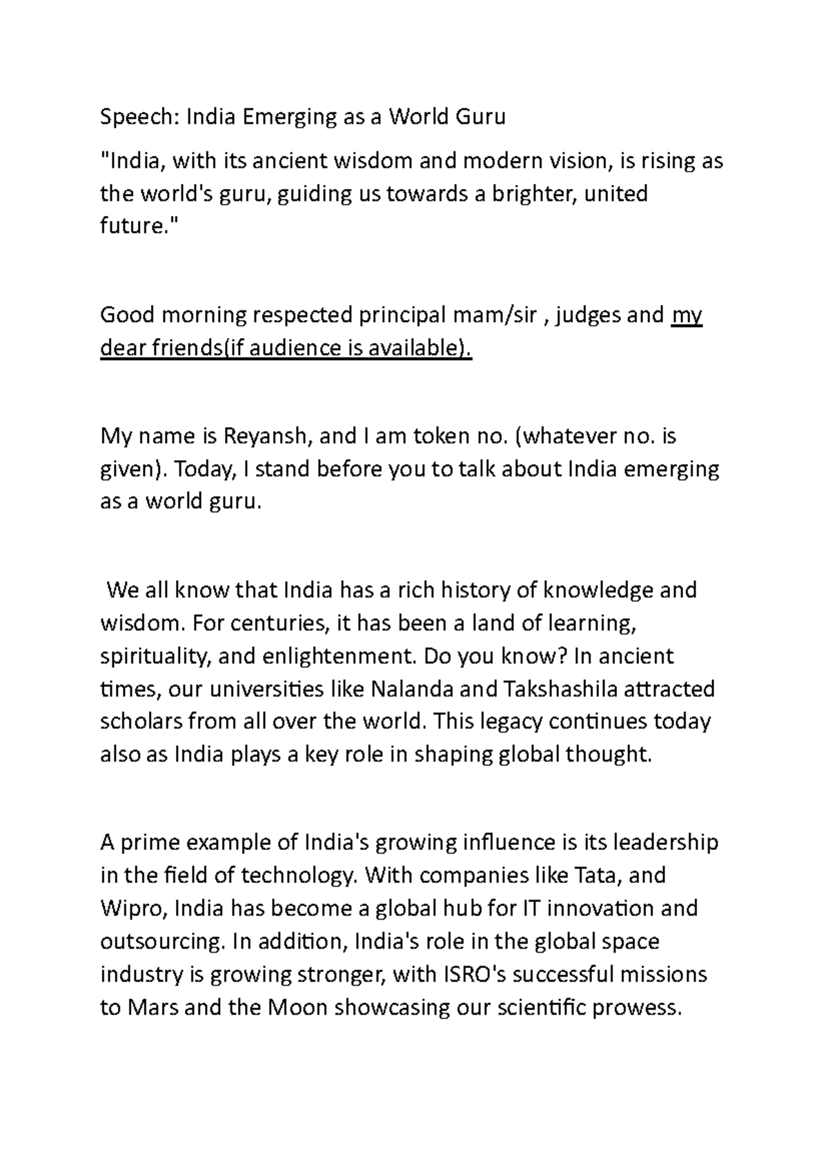 English Speech - Speech: India Emerging as a World Guru "India, with ...
