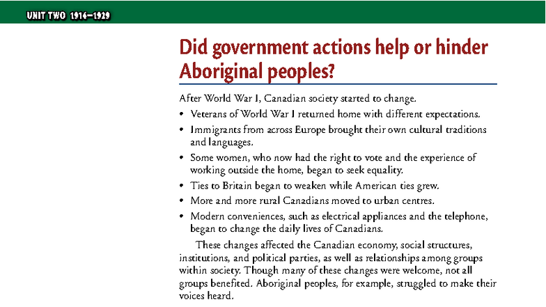 Unit 2: Impact of Government Actions on Aboriginal Peoples Post-WWI ...