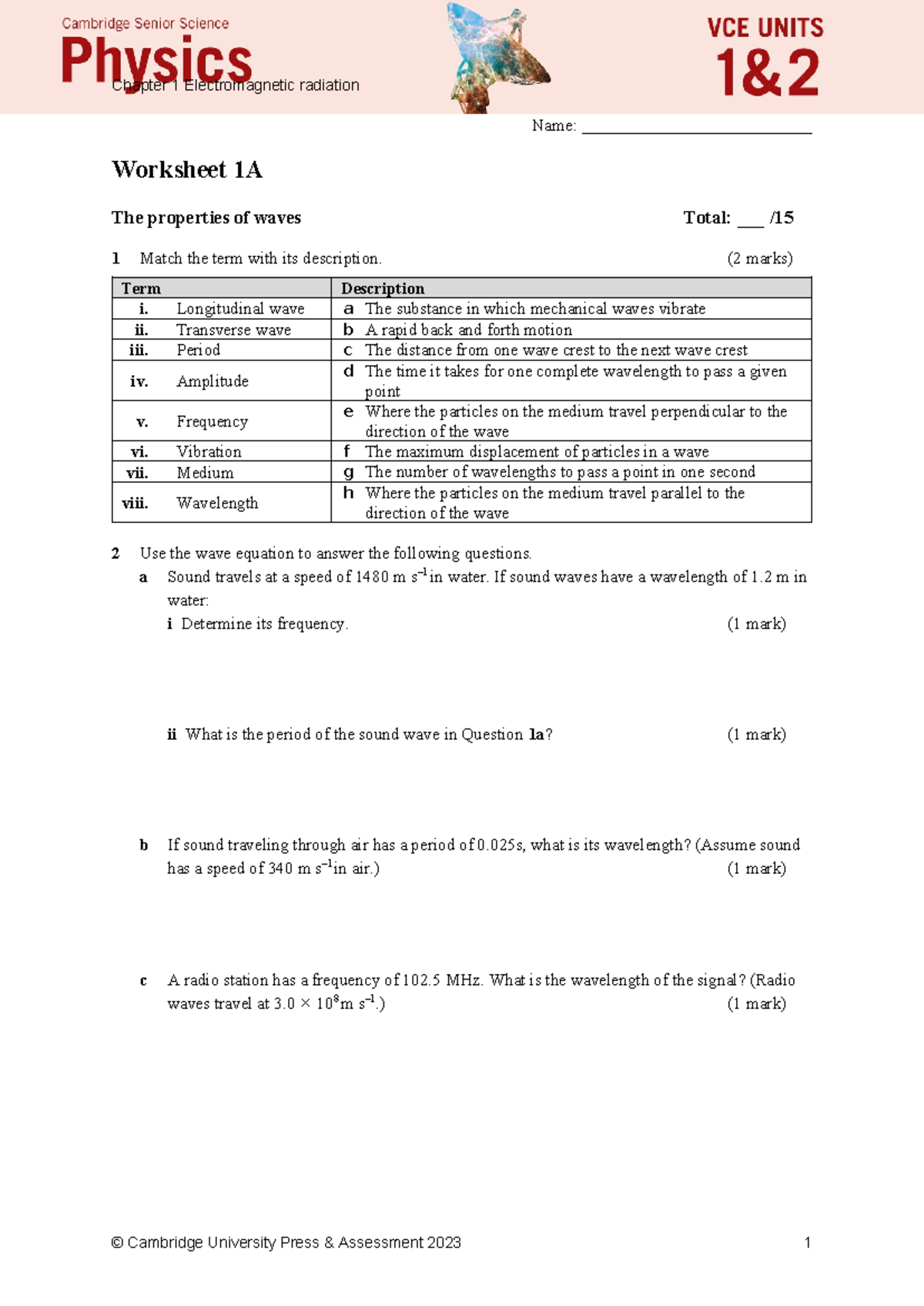 Chapter 1: Properties of Waves - Worksheet 1A - Studocu