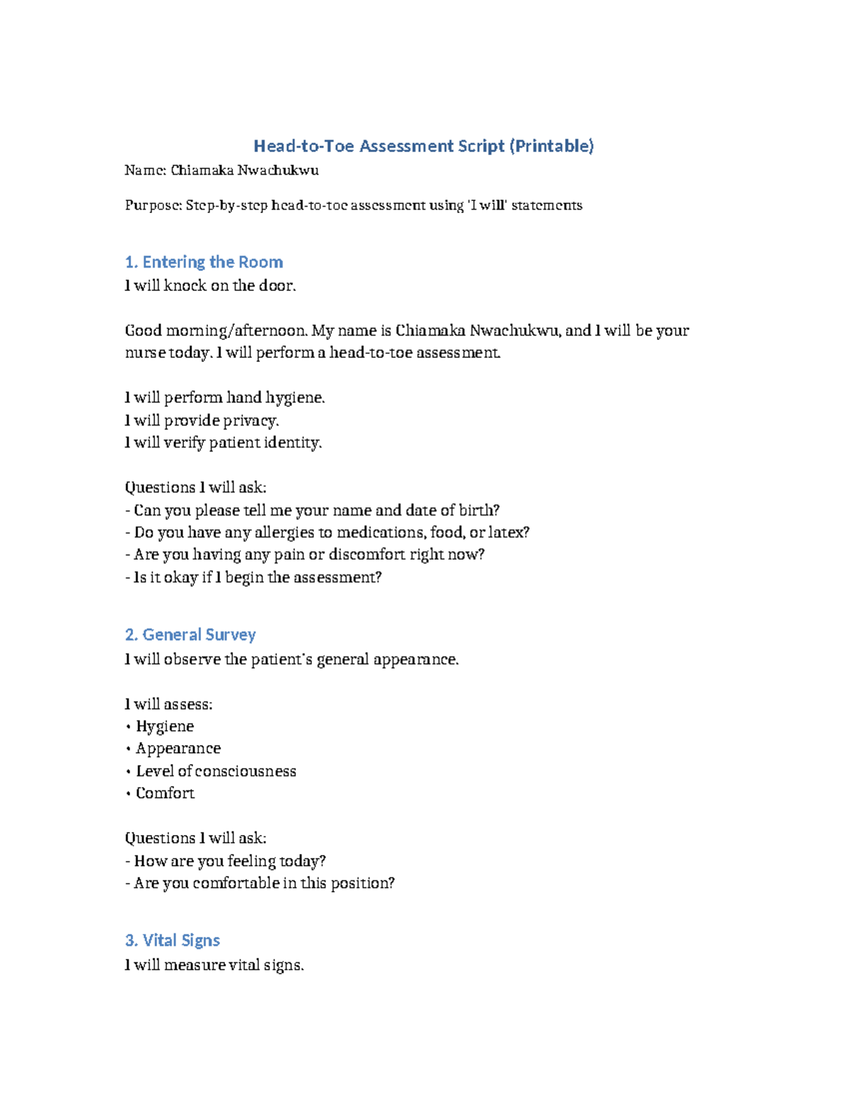 Head to Toe Assessment Script (Printable) - Chiamaka Nwachukwu - Studocu