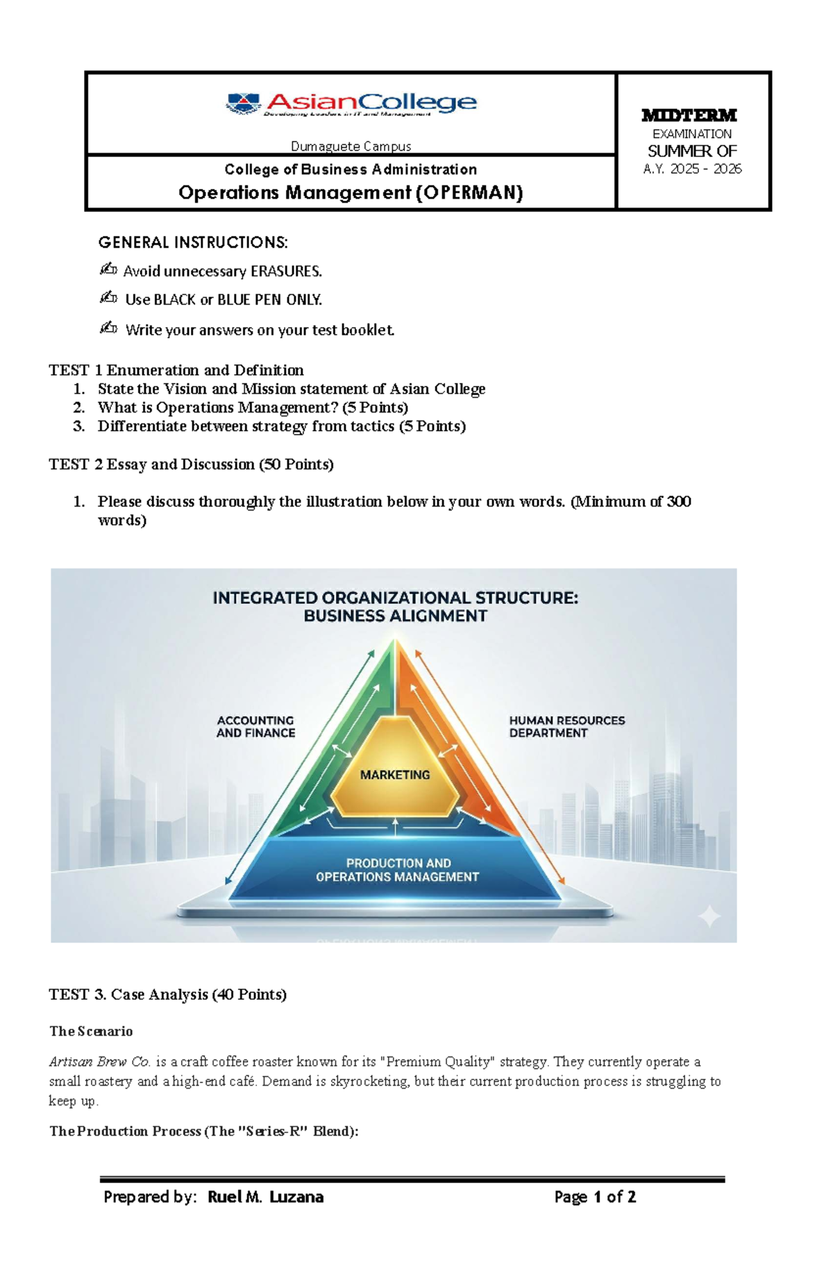 OPERMAN Midterm Exam Summer A.Y. 2025-2026 - Operations Management ...