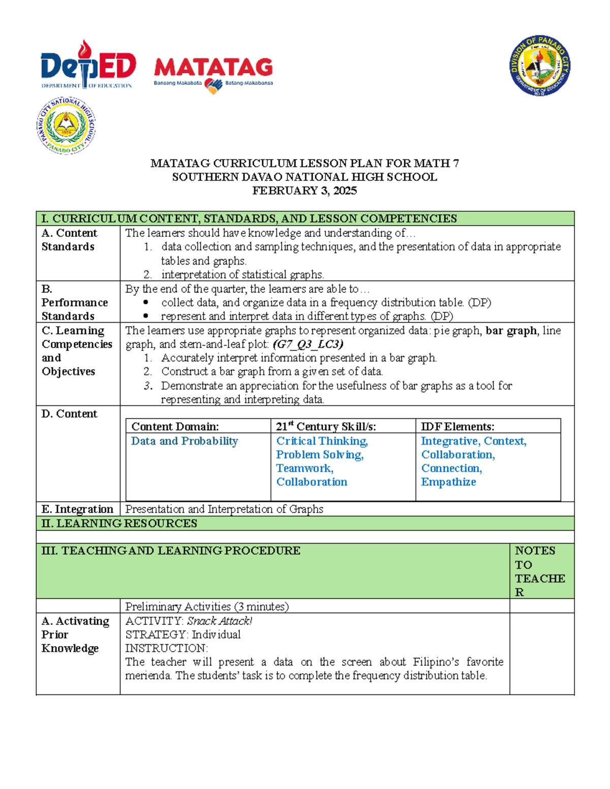 Math 7 Lesson Plan - Bar Graphs Overview (LP MATH 7 FEB 3) - Studocu