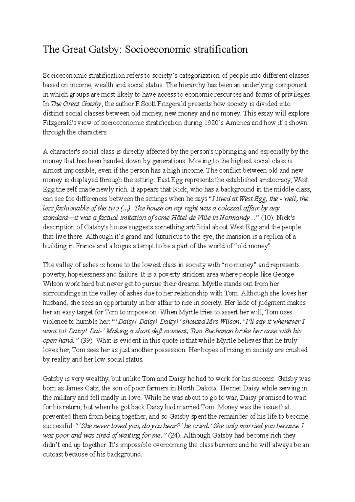 The Great Gatsby: Analyzing Socioeconomic Stratification - Studocu